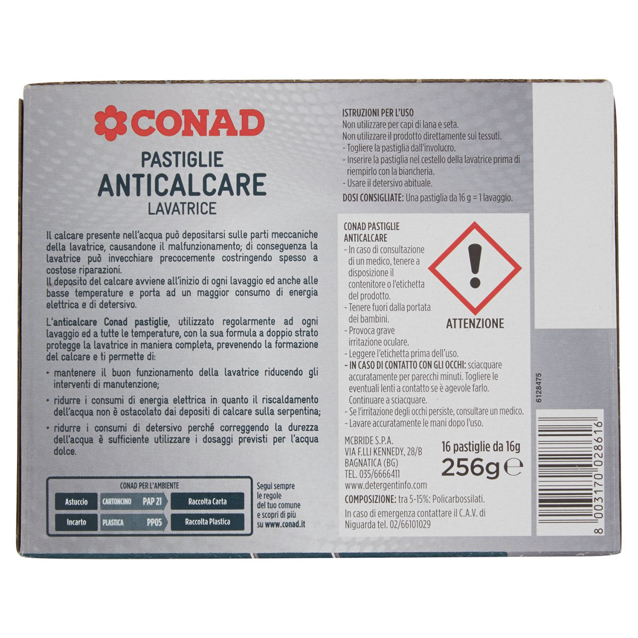 Pastiglie Anticalcare Lavatrice 16 tabs 256g Conad | Conad